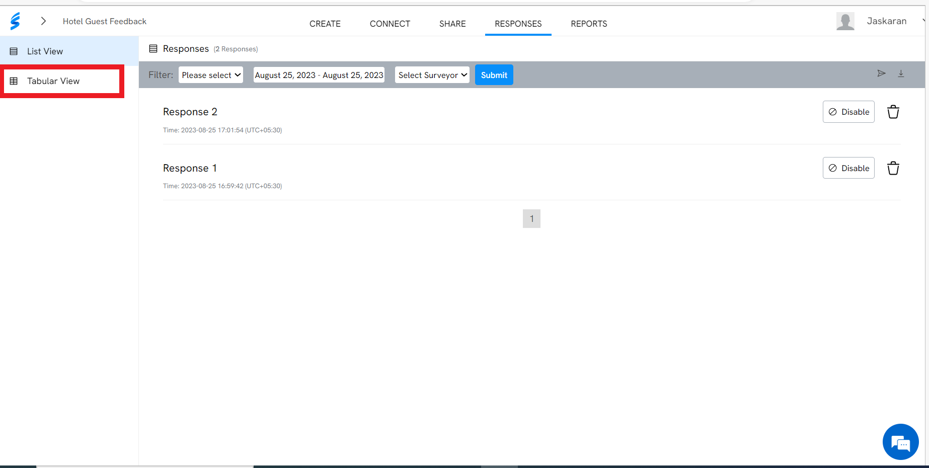 How to view responses in tabular(excel) format